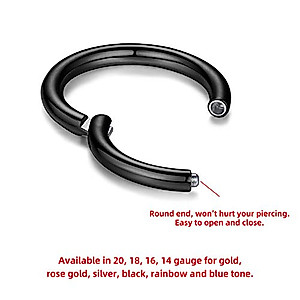 WBRWP 316L Surgical-Steel Hinged Nose Rings Hoop 18G Womens and Mens Body Pierecing Ring Septum Clicker Helix Cartilage Hoop Body Piercing Jewelry 8mm Diameter, Black