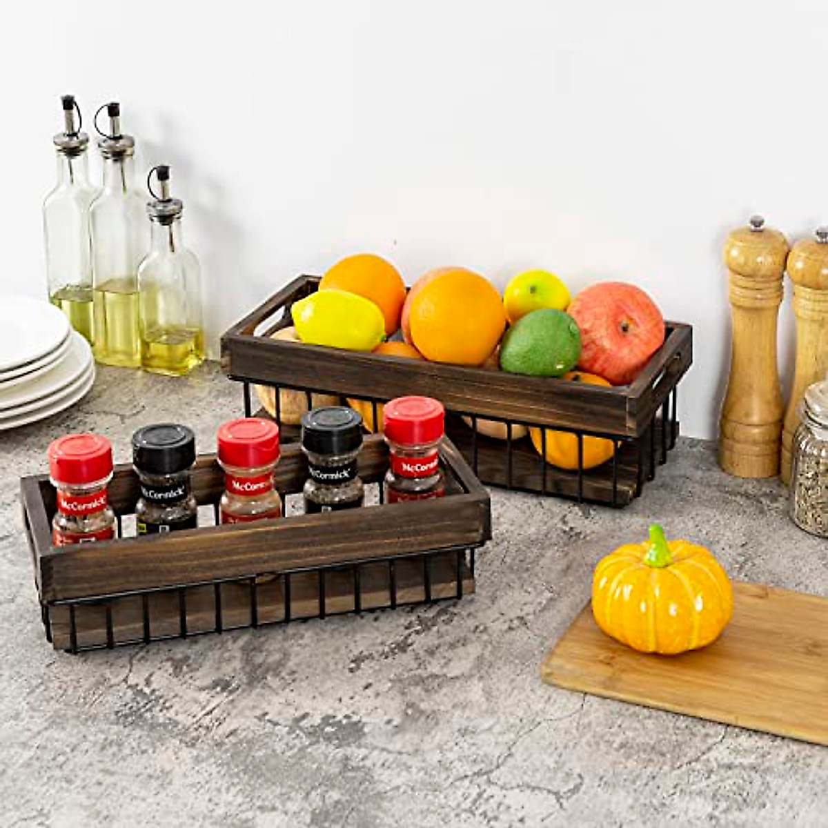 MyGift Country Rustic Burnt Wood Nesting Storage Basket with Black Metal Wire Frame, Decorative Organizer Crates Fruit Basket with Cutout Handles, Set of 2