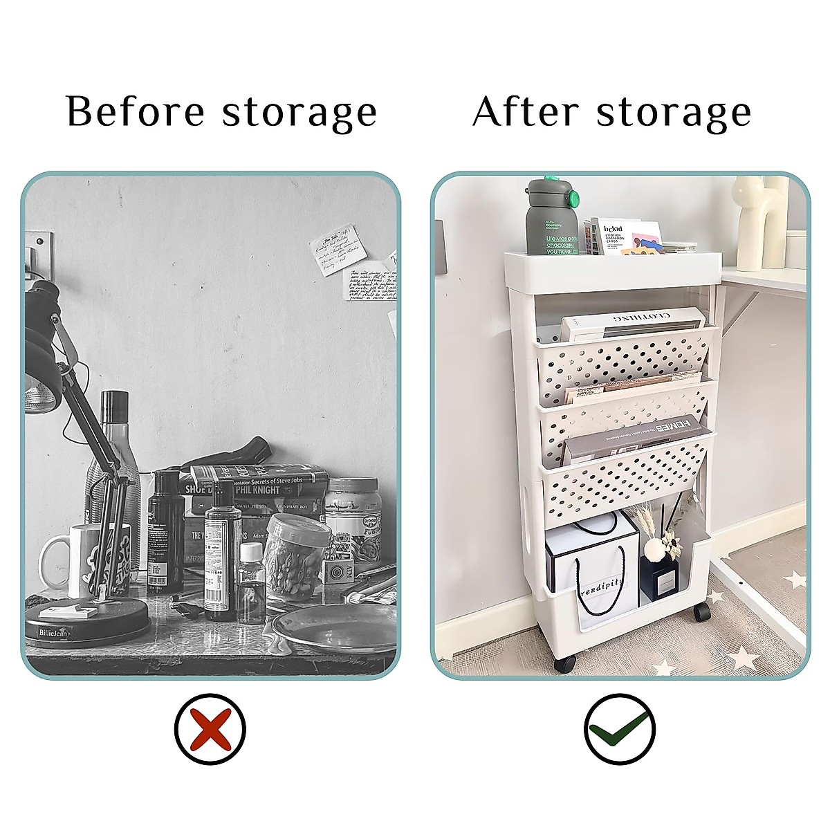 5 Tier Mobile Bookshelf Rolling Book Rack with Wheels, Removable Storage Bookcase Slim Rolling Storage Book Cart for Students Teachers and Adult in School Home Office