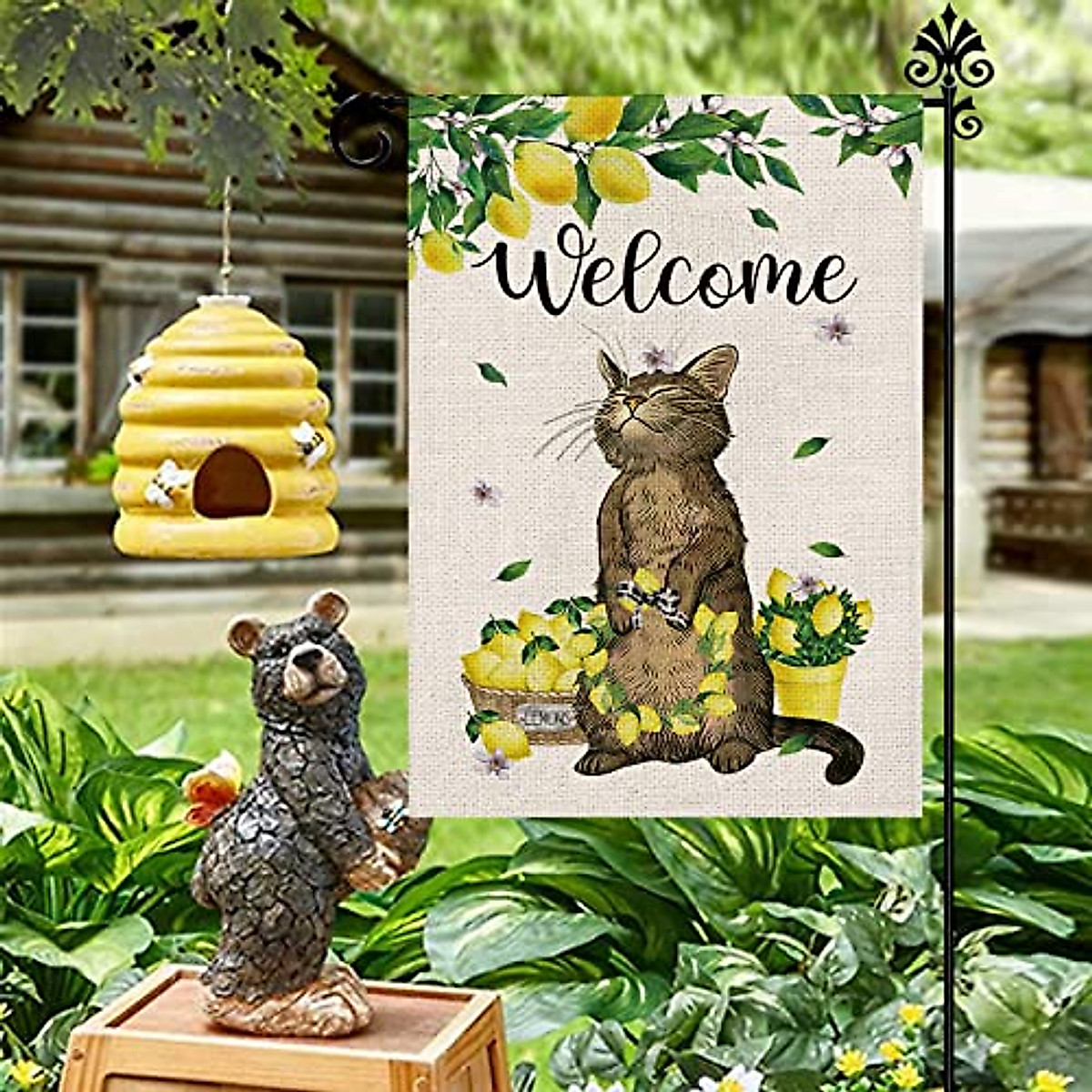 Summer Garden Flag Lemon Tree Cat Double Sided Vertical Welcome Flag Summer Home Yard Outdoor Decoration 12.5×18 Inch
