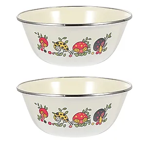 Hemoton Home Decor Wedding Decor 2pcs Vintage Style Enamel Bowl Oil Pot with Cover Enamel Mixing Bowl Large Salad Serving Bowl Soup BasinsThickened Vegetable Basin (Beige) Home Décor Wedding Decor