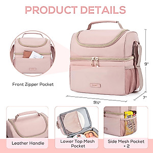 TOURIT Dual Compartment Lunch Bag Women Insulated Lunch Box Cooler Bag for Men, Women, Work, Picnic, Pink