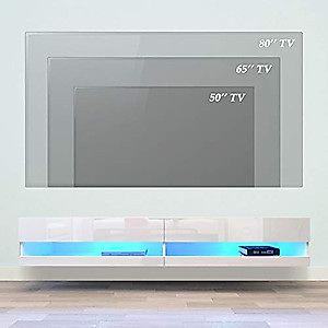 jeerbly 71 Inch TV Stand Cabinet Wall Mounted Floating Television Stand up to 80" TVs with 20 Color LEDs White Modern High Gloss Storge Shelf Entertainment Center Console Table for Living Room