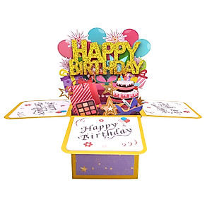 ROBBEAR Funny Happy Birthday Pop Up Card, Sweet 3D Birthday Gift Box for Adults and Kids with Envelopes, Unique Handmade Foldable Celebration Cards for Daughter, Son, Mom, Dad, Friend