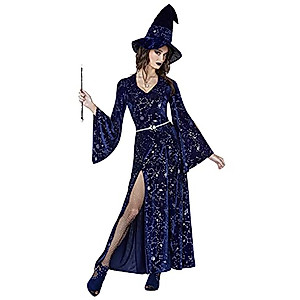 Spirit Halloween Coven Witch Adult Costume - XS/S | Adult Witch Costumes | High Slit Velour Blue Gown with Hat and Wand