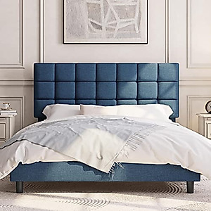 Yaheetech Queen Size Upholstered Platform Bed, Mattress Foundation with Height Adjustable Tufted Headboard and Wood Slat Support, No Box Spring Needed, Easy Assembly, Navy Blue