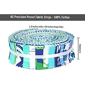 Soimoi 40Pcs Ocean Print Precut Fabrics Strips Roll Up 1.5x42 inches Cotton Jelly Rolls for Quilting - Medium Blue