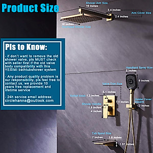 YESIMI Shower System with Tub Spout 10 Inch Overhead Shower 4 Setting Handheld Spray Rough In Pressure Balance Valve Body with Trim Kit Wall Mounted Rainfall Bathtub Shower Faucet Set (Brushed Gold)