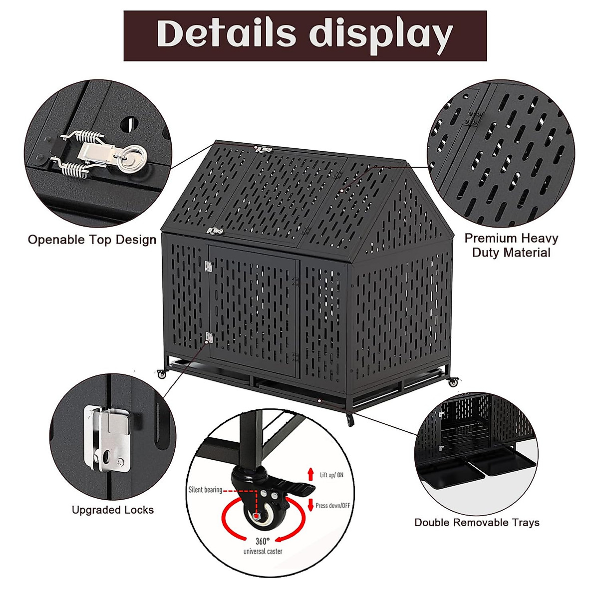 45'' Heavy Duty Dog Crate for Large Dogs, Indestructible Escape Proof Dog Cage with Self-Locking Latch, Large Indoor Dog Kennel with Double Door for High Anxiety Dogs