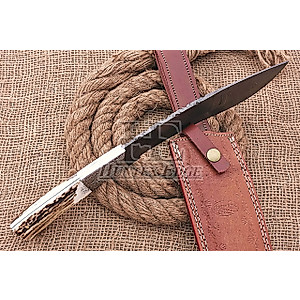 HUNTEX Handmade Hand-Forged Twist Pattern Damascus Steel 14 Inch Long Full Tang Deer Antler Handle Razor Sharp Hunting Camping Bowie Knife w/Genuine Leather Sheath