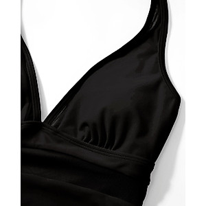 RXRXCOCO Women Sexy V Neck Mesh One Piece Bathing Suit Halter Push Up Tummy Control Swimsuit Swimwear X-Large Black