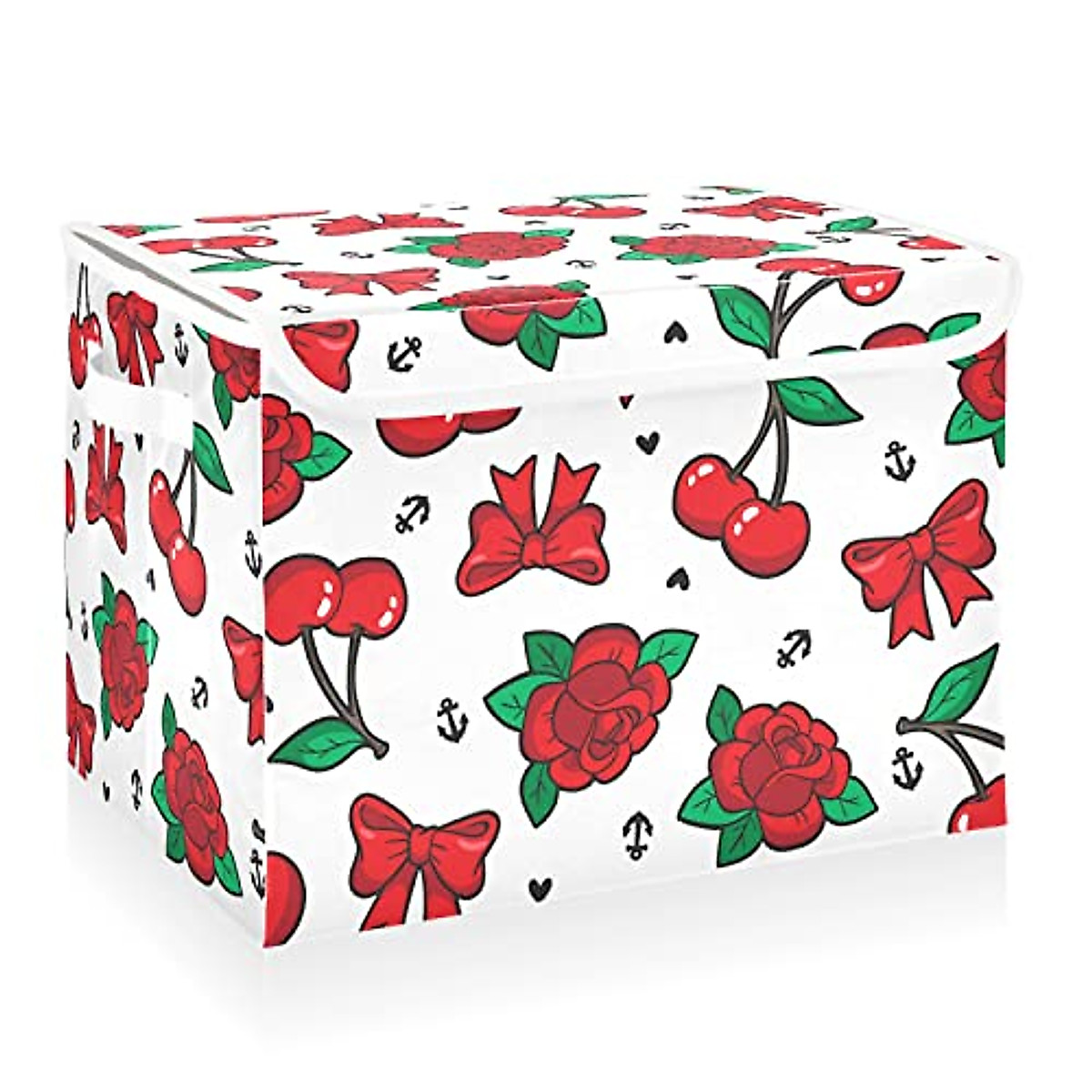 CaTaKu Rose Cherry Storage Bins with Lids and Handles, Fabric Large Storage Container Cube Basket with Lid Decorative Storage Boxes for Organizing Clothes