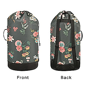 Floral Pattern Laundry Backpack with Adjustable Shoulder Straps Heavy Duty Dirty Clothes Organizer Drawstring Closure Laundry Bag for College Dorm Travel Camp