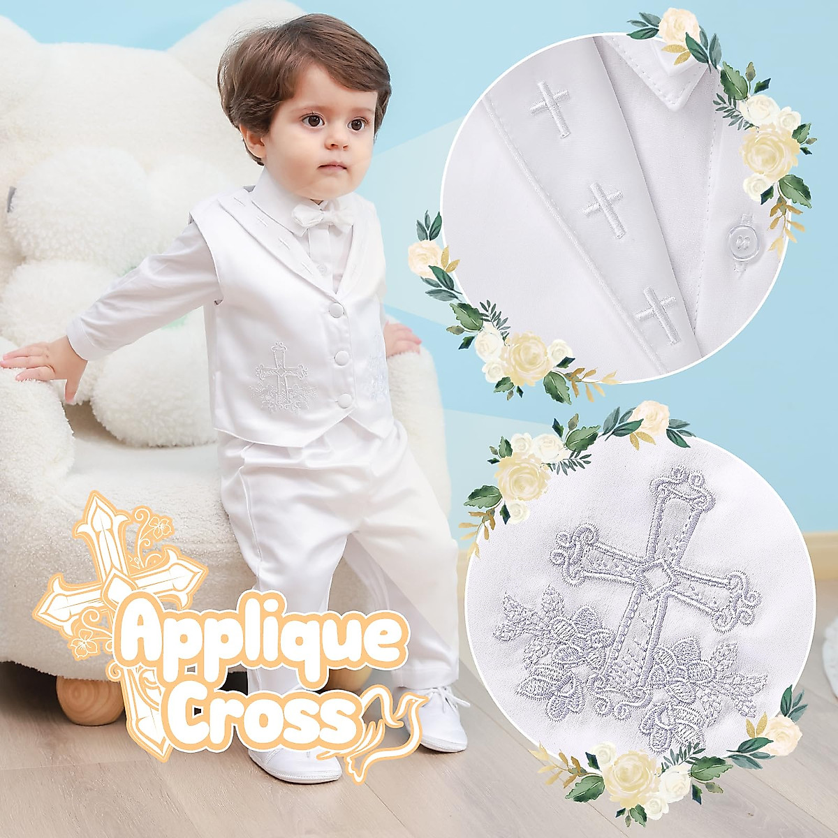 Booulfi Baptism Christening Outfits for Boys, Baby Boy Christening Church Outfit Baptism Gifts 6 Pieces Baby Boy Clothes 0-3 Months Formal Gentelman Baby Suit