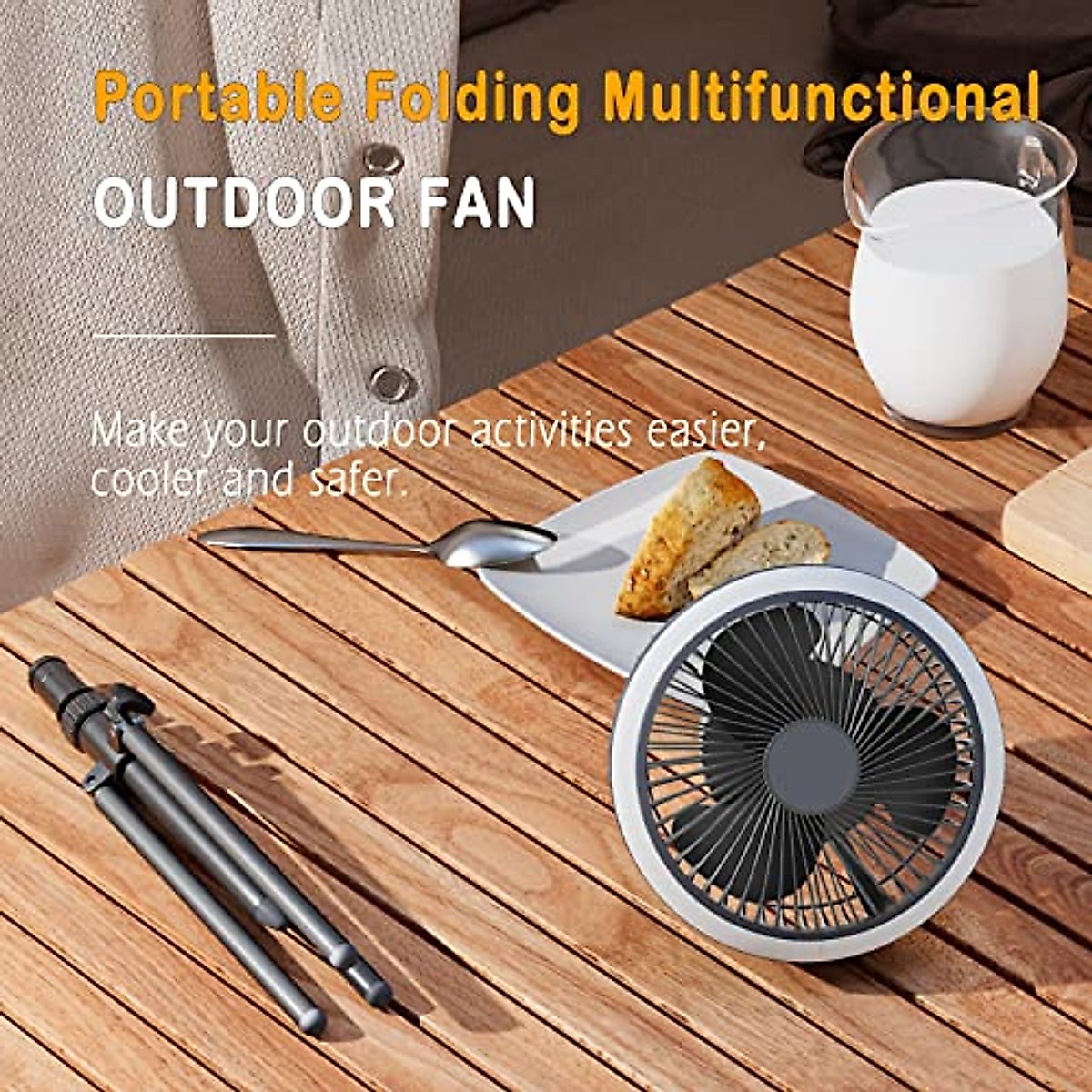Orfonbi Portable Fold Standing Fan, 4 Speeds Oscillating Fan with Remote Control, Battery Powered Floor Fan,5-48H Working Desk Fan with, 2 Light Mode, Height & Angle Adj