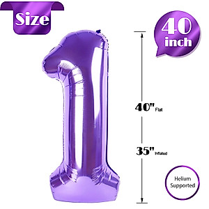 40 Inch Purple 1 Balloon for First Birthday, Purple One 1st Number Balloon Birthday Decorations for Girl Boy Toddler Baby, 10th 21st, Giant Number 1 Balloon