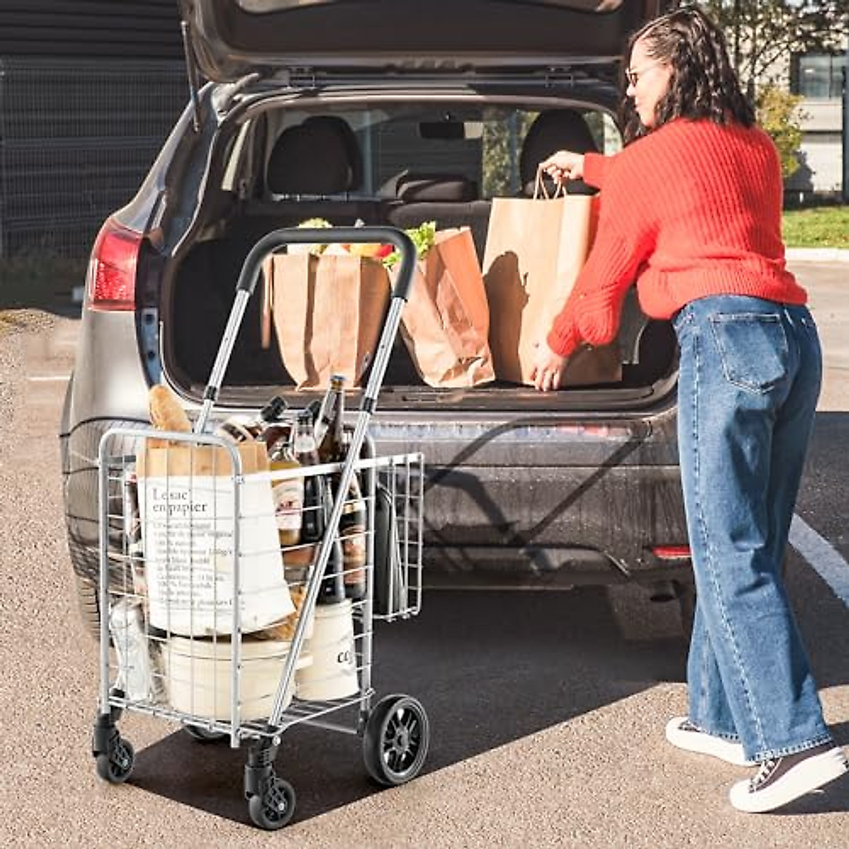 Goplus Folding Shopping Utility Cart, Double Basket and 360° Swivel Wheels, Adjustable Handle, Small Cart Perfect for Grocery Laundry Book Luggage Travel
