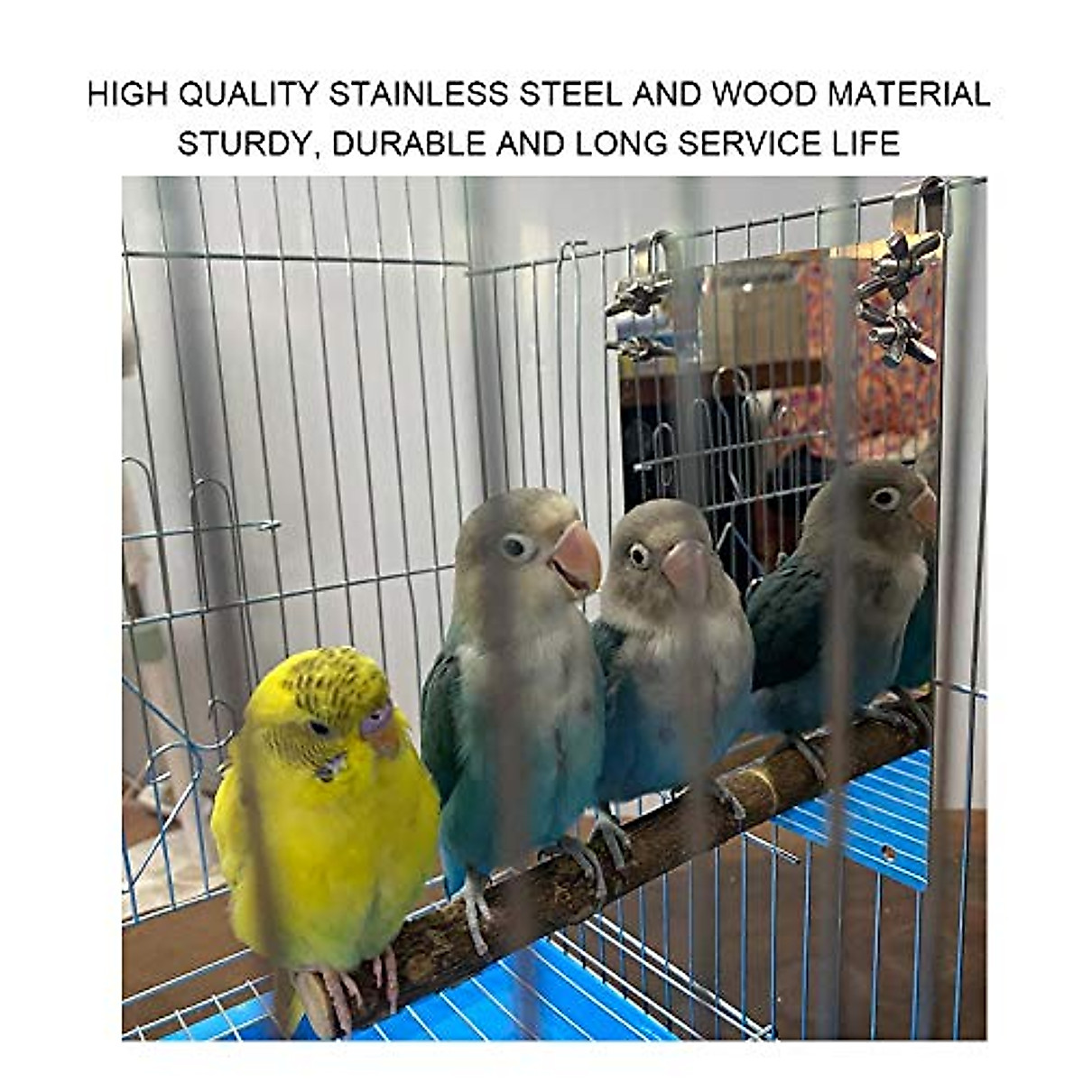 Bird Mirror, Stainless Steel Medium Small Parrots Mirror Bird Mirror Toy with Wooden Standing Rod for Parrot Parakeet Cockatiels