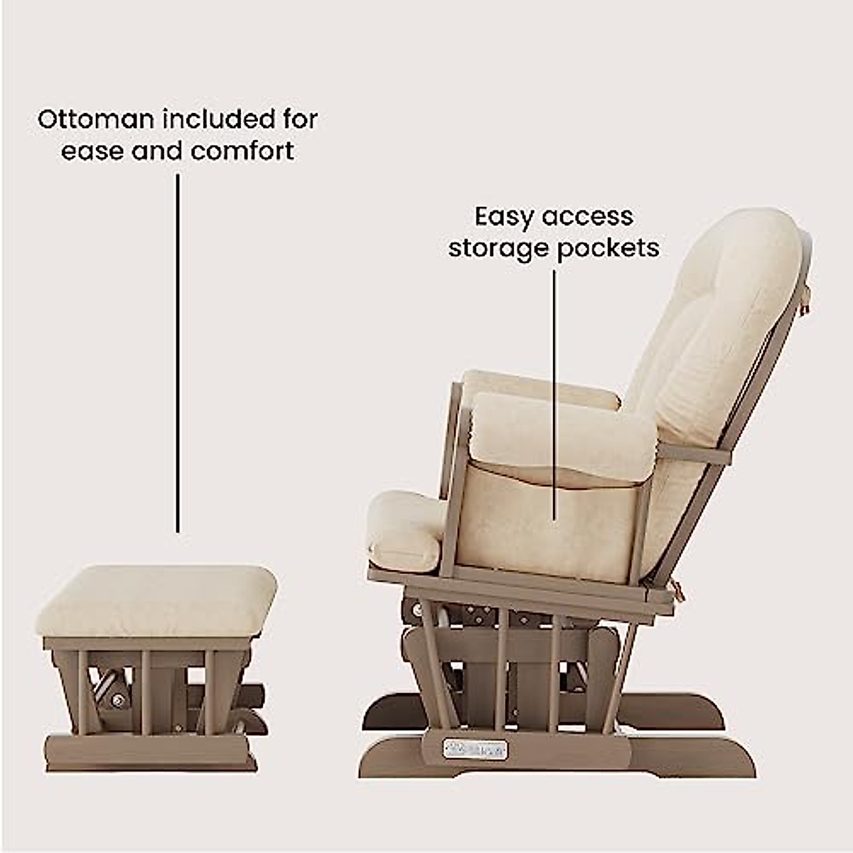Child Craft Cozy Glider Rocker and Ottoman Set, Padded Cushion with Convenient Storage Pockets, Solid Wood Base & Frame (Dusty Heather with Beige Cushion)