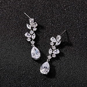 SWEETV Bridal Wedding Earrings for Brides Bridesmaides-Marquise Teardrop Earrings for Women, Cubic Zirconia Drop and Dangle Earrings for Prom or Pageant,Jewelry, Silver