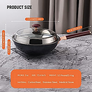 Kseroo 12.5” Woks & Stir-Fry Pans with Lid Steamer, Nonstick Ceramic Wok Pan with Lid, Deep Large Induction Hard Anodized Frying Wok, Carbon Steel Wok Set Flat Bottom, Large Saute Pan Set
