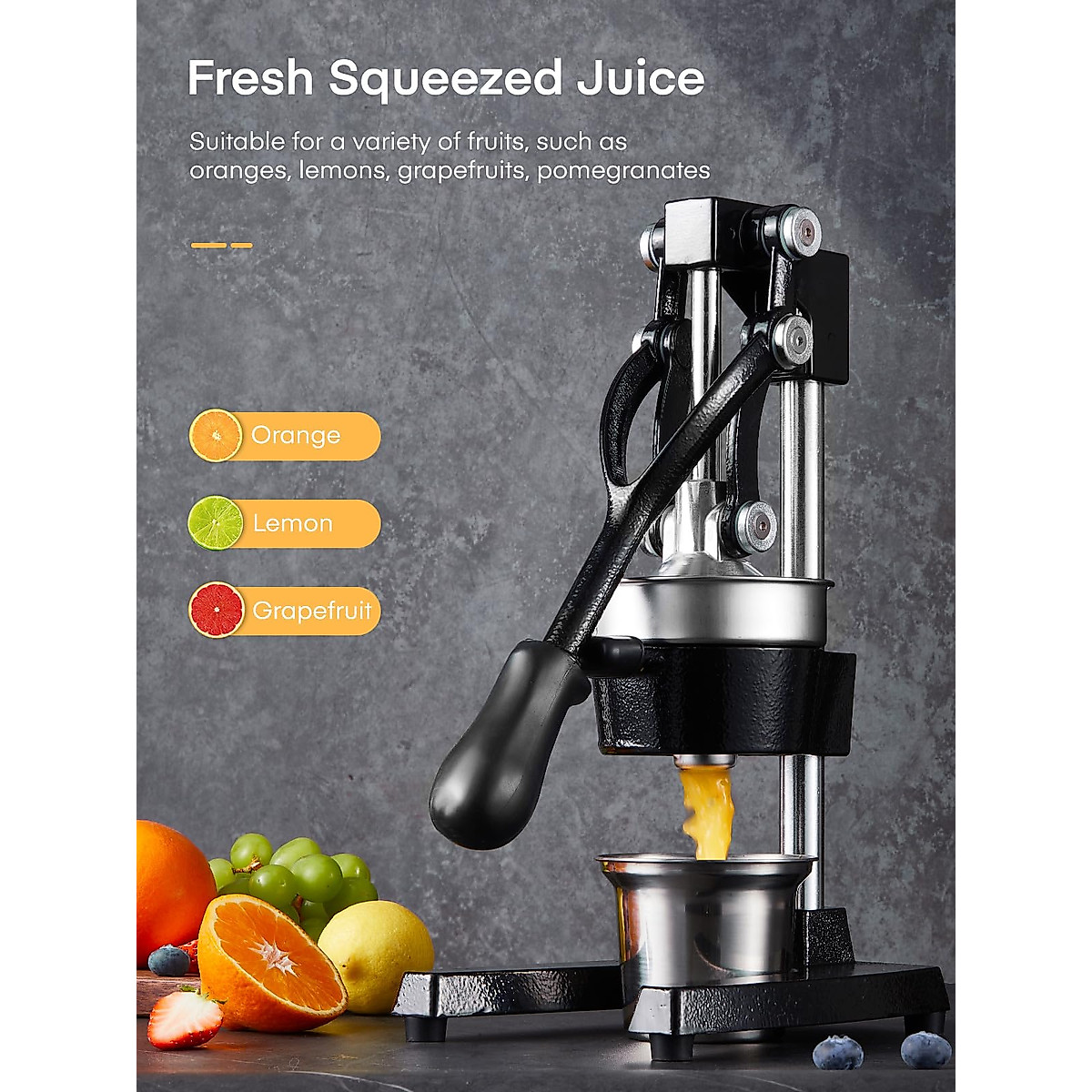 FOHERE Orange Juicer Squeezer, Cast Iron Lemon Squeezer, Commercial Citrus Juicer Hand Press for Orange, Lemon, Pomegranate, Grapefruit, Easy to Clean Citrus Squeezer with a Stainless Steel Cup