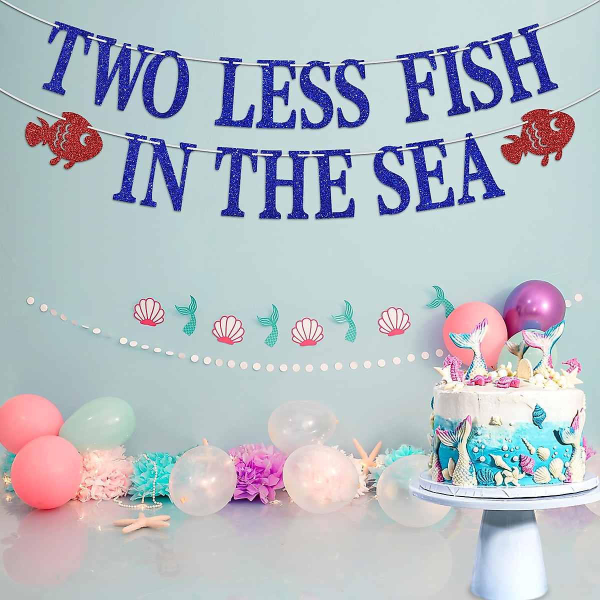 Two Less Fish in the Sea Banner, Engagement Party Beach Wedding Party Decor, Nautical Sea Theme Bridal Shower, Funny Bachelorette Party Decorations (Blue Glitter)