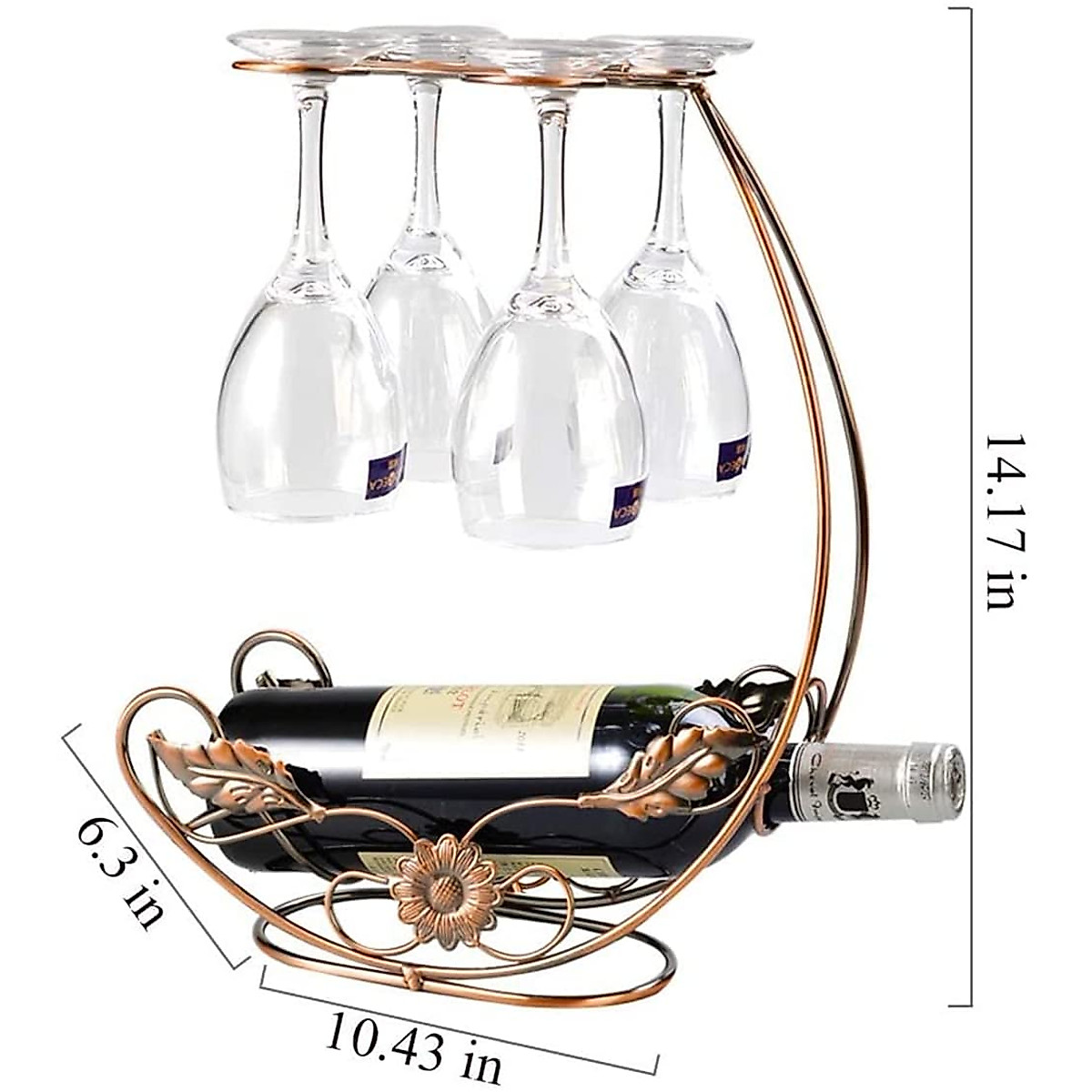 Homya Tabletop Wine Rack, Metal Fine Forged Wine Glass Holder, Kitchen Bar Wine Glass Display Holder, Holds 1 Wine Bottle and 4 Wine Glasses, Table Wine Bottle Accessories, Gold