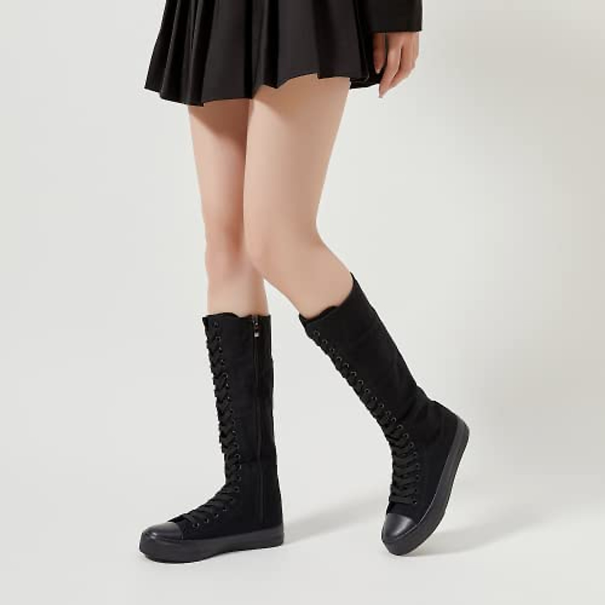 ZGR Women’s Canvas High Top Shoes Knee High Boots Fashion Girl Fancy Scool Shoes White And Black Lace Up Zipper Sneakers For Women(Black;US09.5)