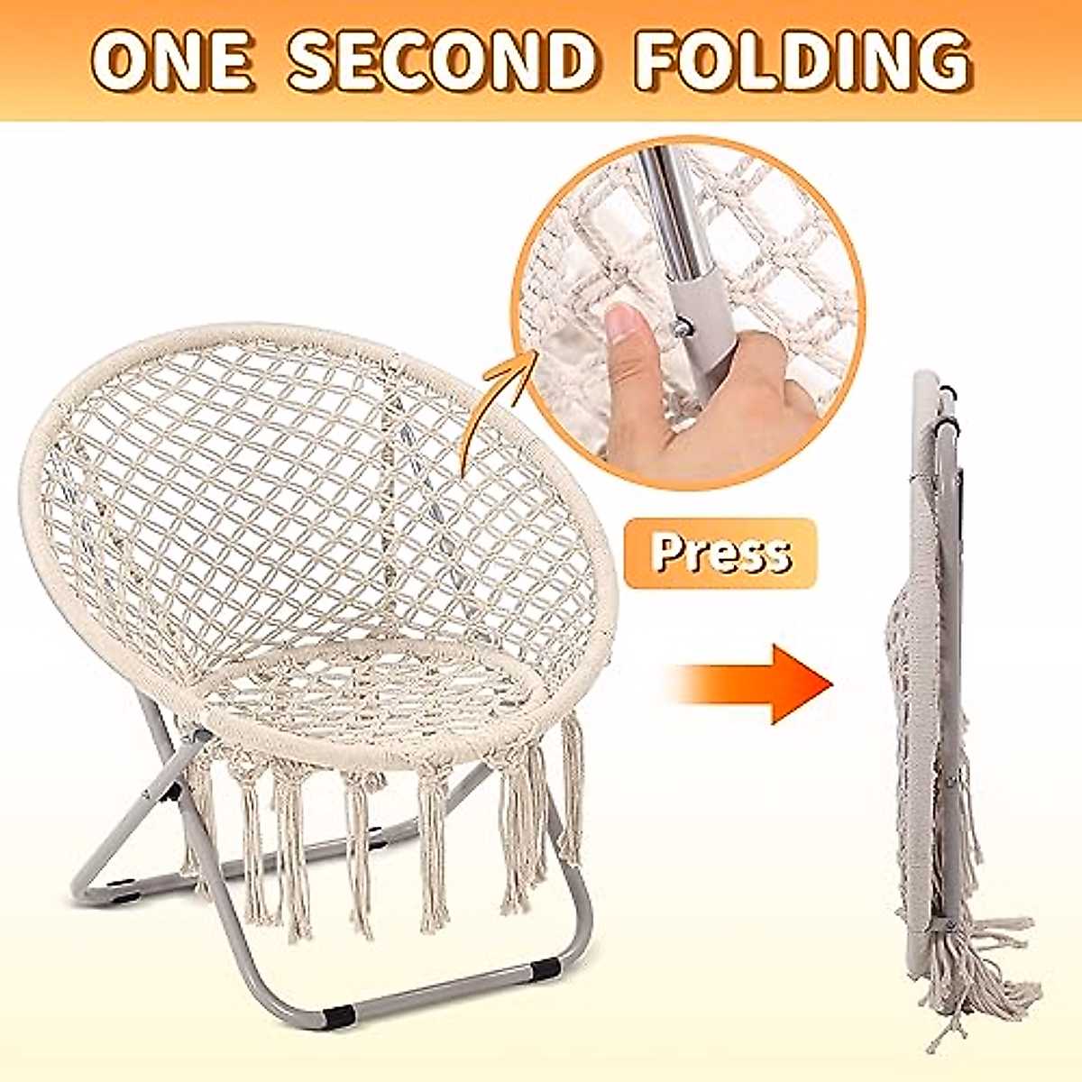 KROFEM Boho Moon Saucer Chair, Foldable Round Circle Style, Relax in Comfort in Bedroom or Living Room, Perfect for Adults and Teens, No Assembly Beige