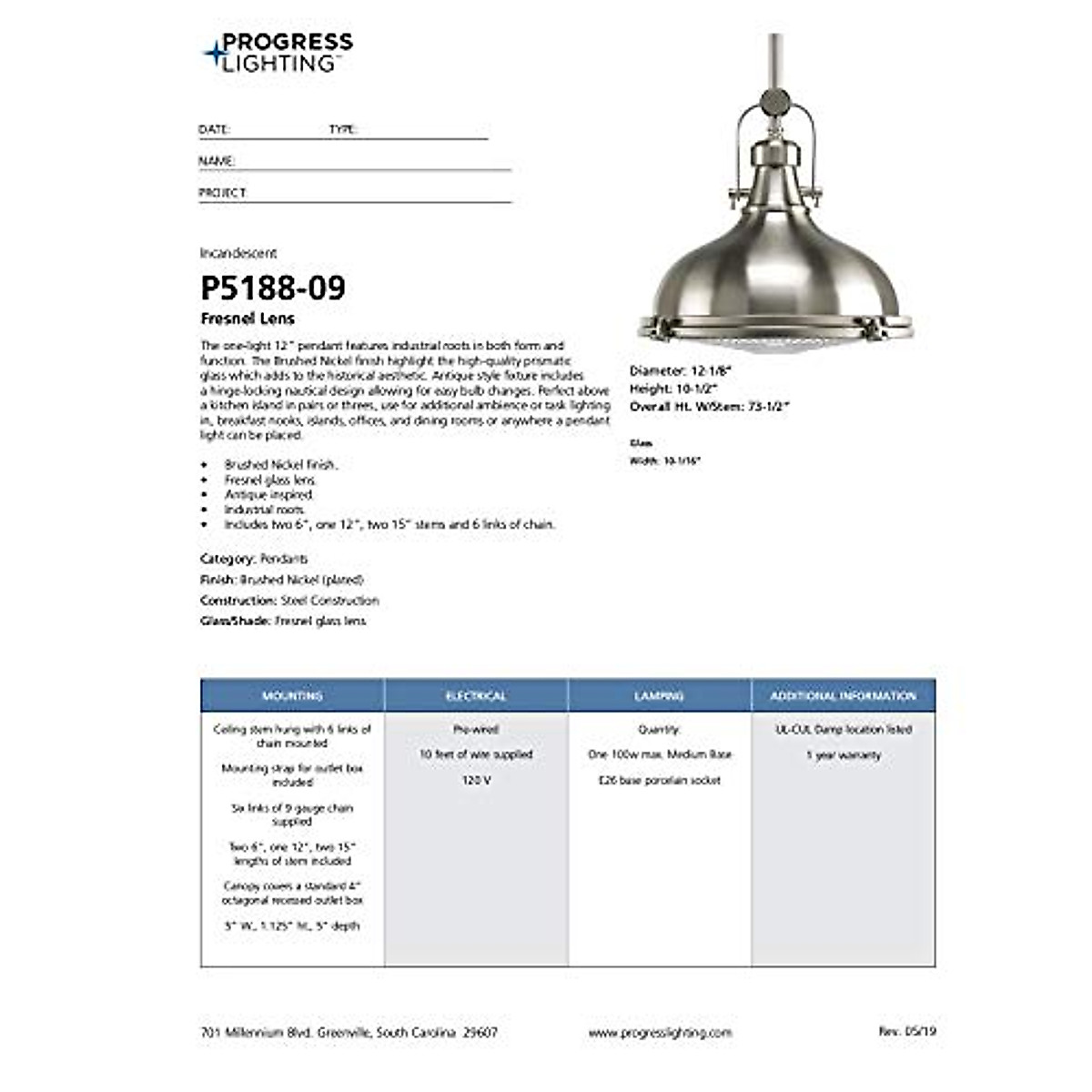 Fresnel Lens Collection 1-Light Fresnel Glass Coastal Pendant Light Brushed Nickel