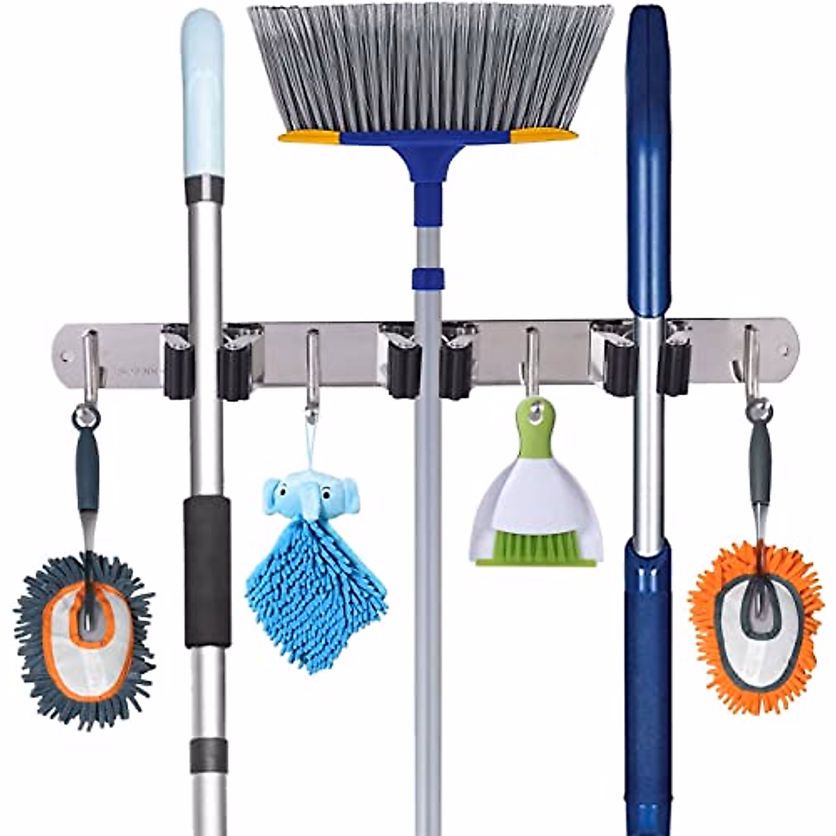 Samxin Broom Mop Holder Stainless Steel Wall Mount Storage Closet Kitchen Organization Heavy Duty Garage Tools Hanger No Drilling Screws for Home Garden Laundry Room with 3 Racks 4 Hooks-Black