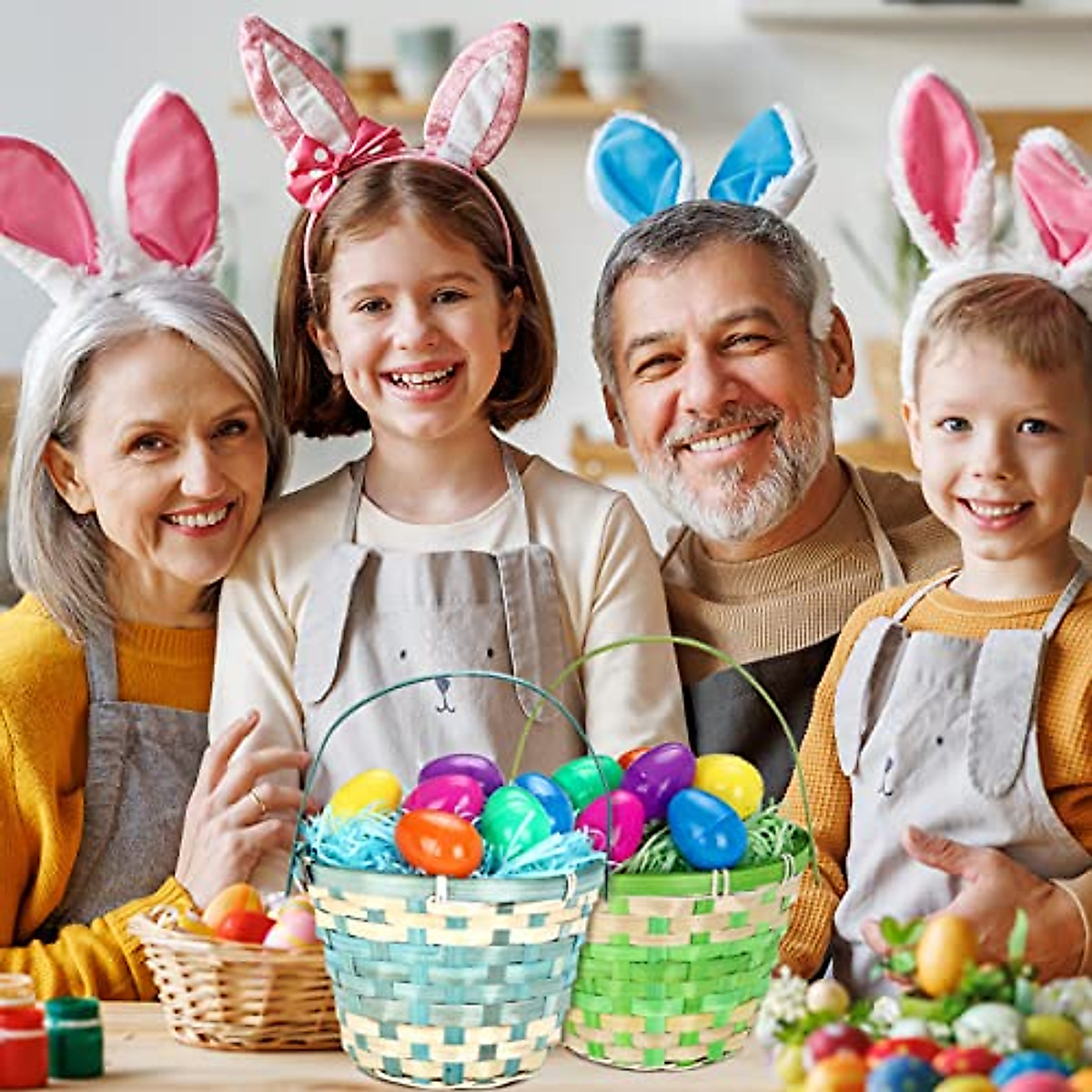 4 Set Large Easter Basket Bulk with 24 Pcs Easter Eggs, Handle Round Bamboo Woven Basket with Plastic Easter Eggs and 4 Pcs Colored Raffia Grass for Kids Baby Easter Bunny Party Supplies