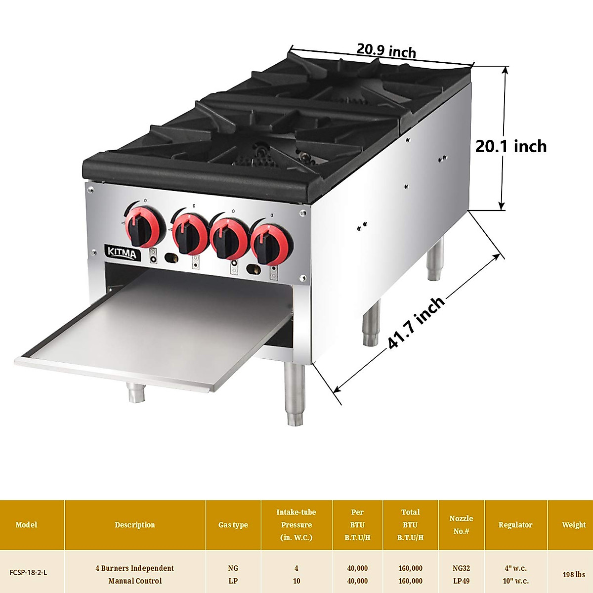 18 Inches 2 Stock Pot Stove - KITMA Liquid Propane Stock Pot Range with 4 Manual Controls for Restaurant(Short Body) - 160,000 BTU