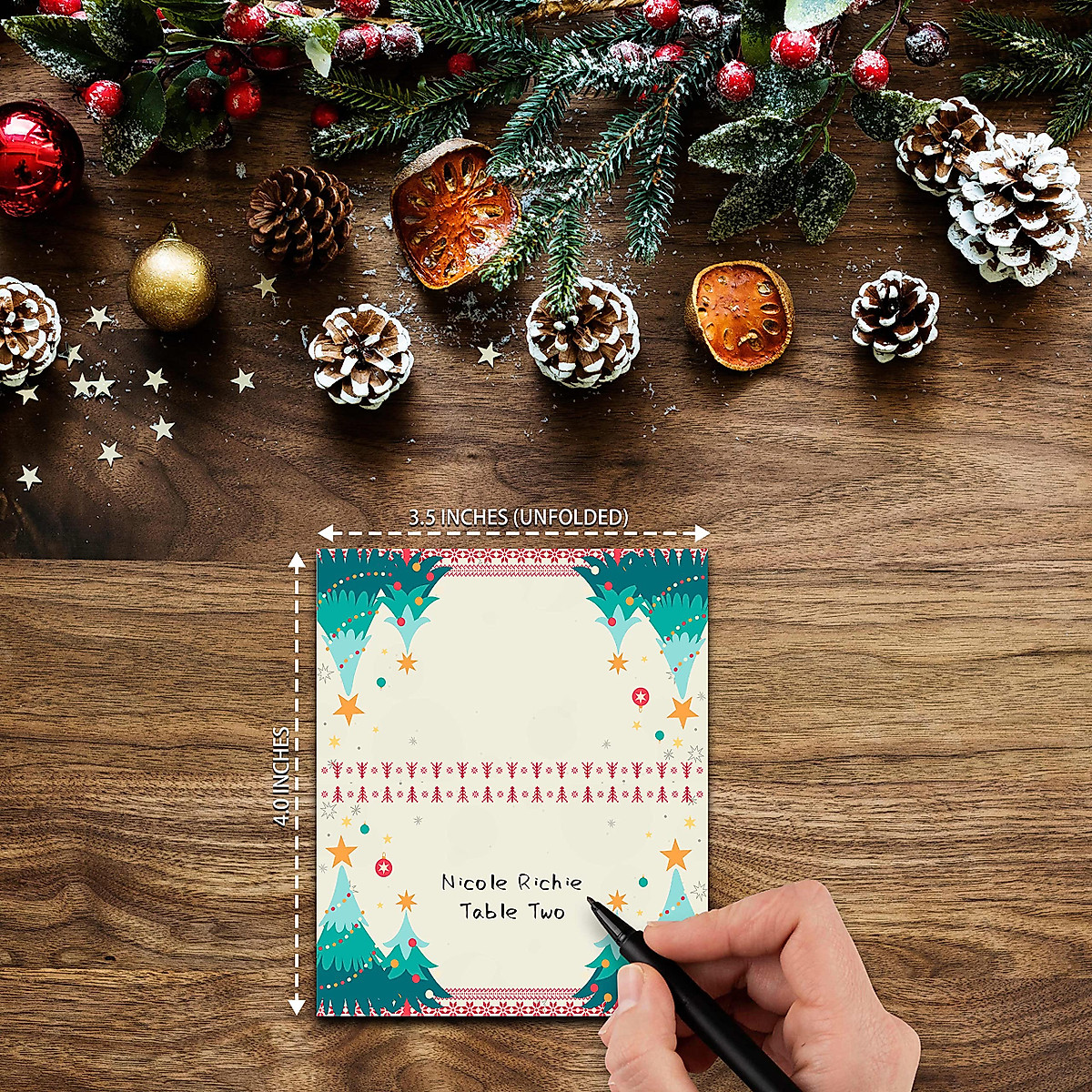 Christmas Table Place Cards, Xmas Blank Seating Place Card for Table, 25 Pack Buffet Food Tent Labels, Double Design Name Cards, Scored for Easy Folding, Christmas Party Decorations(07)