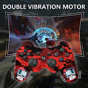 BUERTT PS3 Controller Wireless 2 Pack,Upgraded Remote Controller for PS3,6-Axis Motion,Double Vibration,USB Charging Cable (Camo Red and Camo Green)