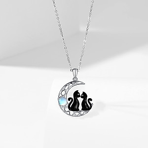 Fryneauy Cat Necklace 925 Sterling Silver Moonstone Moon Cat Pendant Cute Animal Jewelry Gift for Women Mother Sister