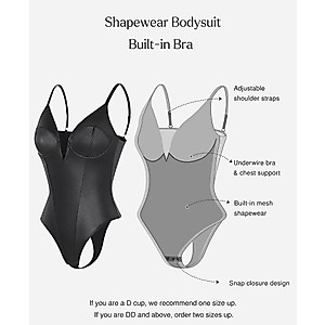 Popilush Faux Leather Deep V Bodysuits for Women Tummy Control Shapewear Bodysuit Thong Body Suits Sleeveless Sculpting Body Shaper Black Leotard