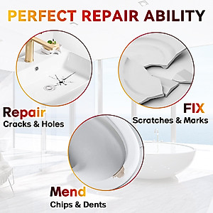 Porcelain Repair Kit, Fiberglass Tub and Tile Repair Kit Quick Repair Bathtub, Ceramic, Toilet, Tray, Resin, Marble Shower Sink, Acrylic Quartz, Super Adhesion to Fix Cracks Chips and Dents (White)