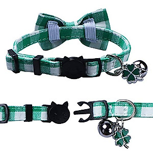 STMK 2 Pack St. Patrick's Day Plaid Cat Collars with Bow Tie Bell Shamrock, Breakaway Adjustable Plaid Cat Collars with Bowtie Bell Shamrock for Cats Kittens