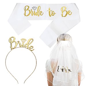 ASTER Bride to Be Set, Bride to Be Sash & Headband Tiara & Shoulder Length Veil Bachelorette Party Supplies Bridal Shower Decoration Accessories (White)