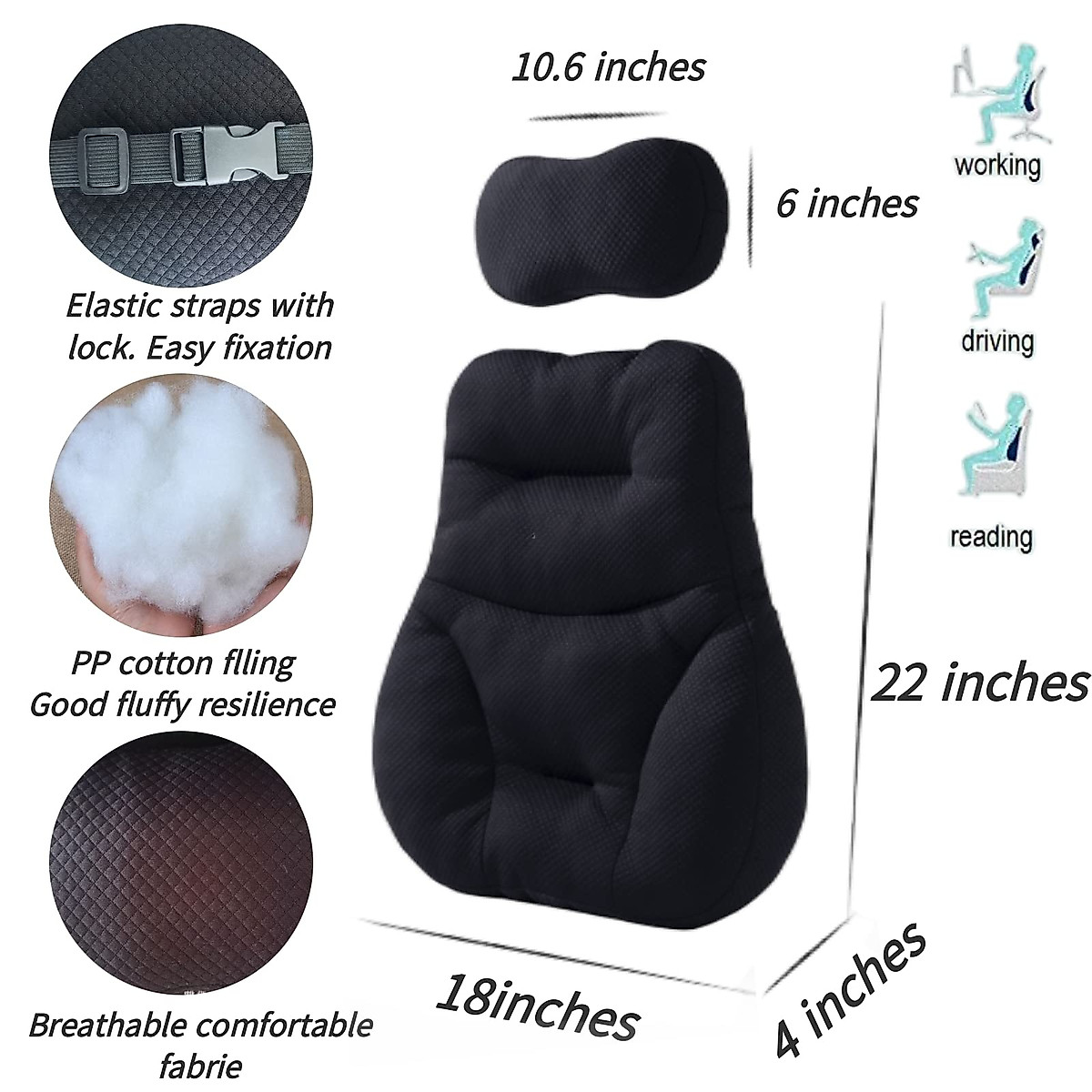 PYXAYS Lumbar Support Pillow for Office Chair Gaming Chair, car seat, Wheelchair, Office Chair Back Support Back Cushion Lumbar Pillow Provide lumpar Support Chair Back Support Black