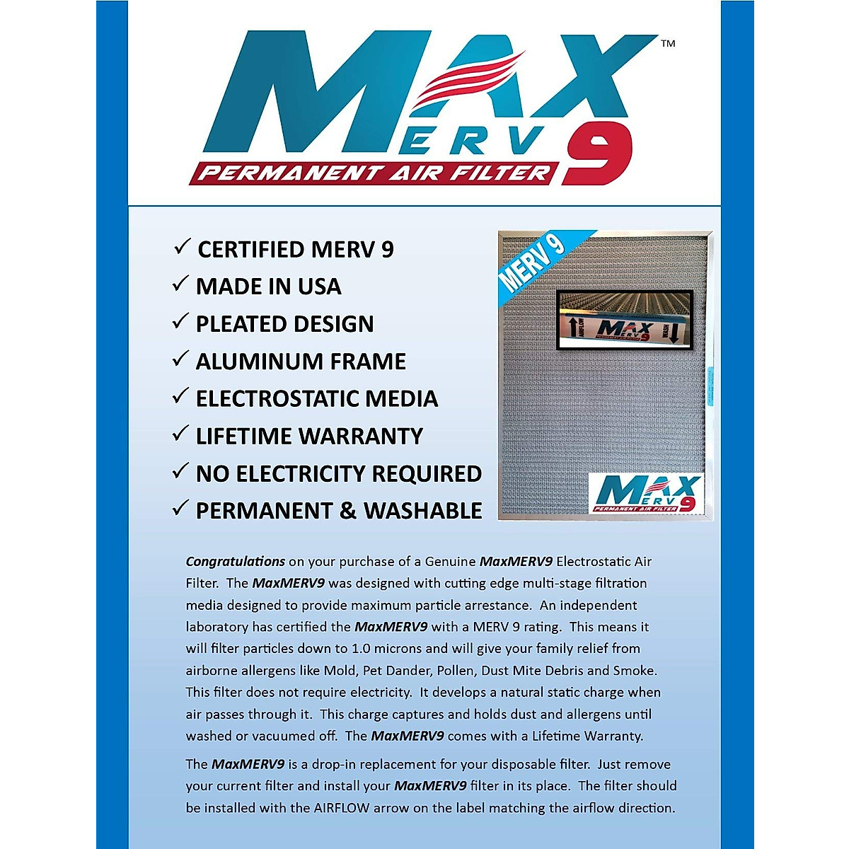 20x25x1 ALLERGY MAGNET WASHABLE FILTER - Highest MERV Rating in Permanent Electrostatic Furnace A/C Filters - Lifetime Warranty