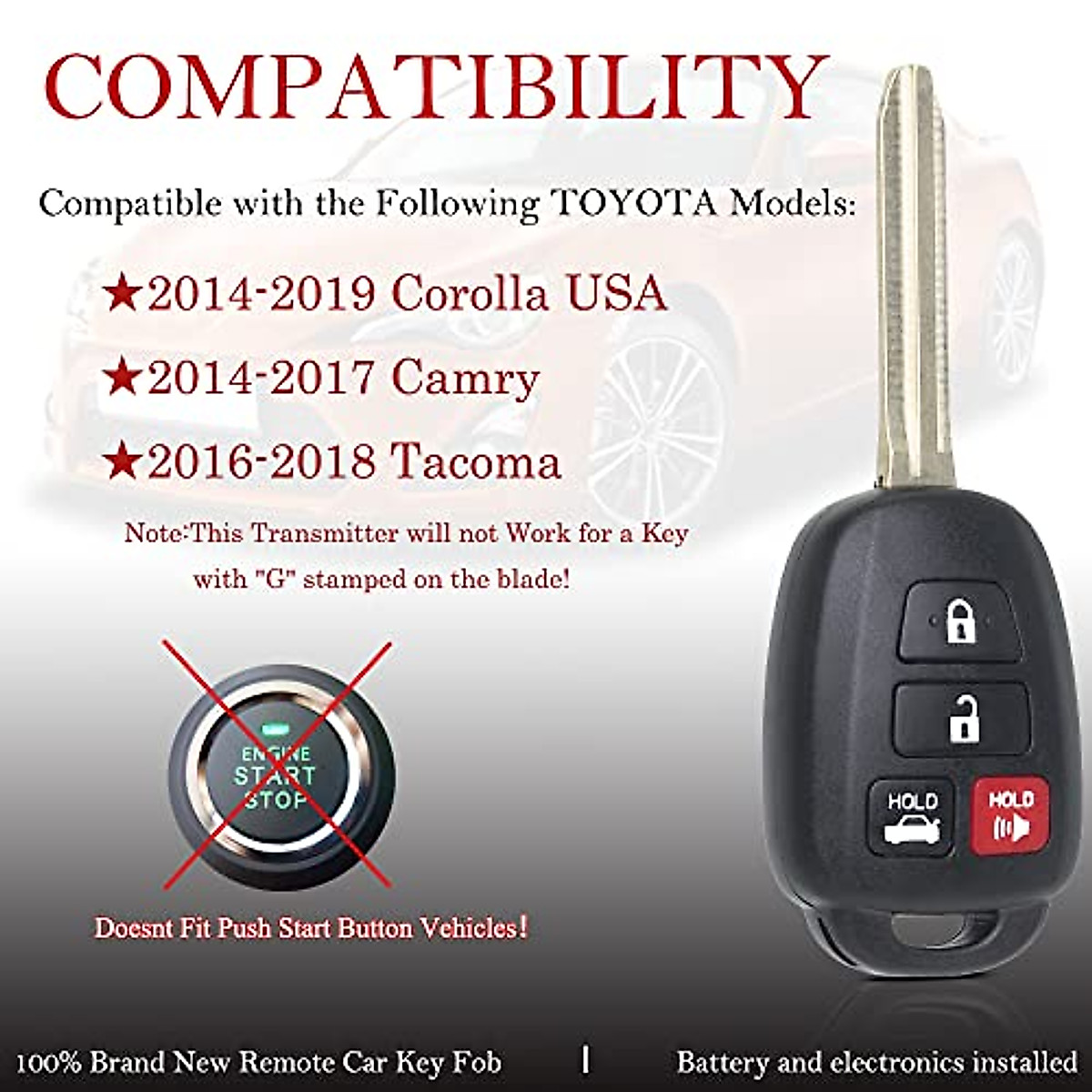 Key Fob Remote Replacement Fits for Toyota Corolla 2014 2015 2016 2017 2018 2019/Camry 2014-2017/Tacoma 2016-2018 HYQ12BDM Keyless Entry Remote Control HYQ12BEL 89070-02880 H Chip(Pack of 1)