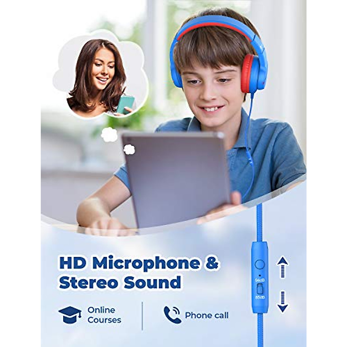 iClever Kids Headphones for School Travel, Safe Volume 85/94dB, HD Mic Stereo Sound Over-Ear Girls Boys Headphones for Kid, FunShare Foldable 3.5mm Wired Kids Headphones for iPad Computer, HS19 Blue