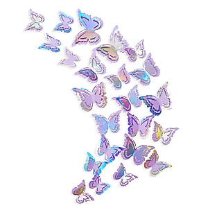 pinkblume Iridescent Purple Butterfly Decorations Stickers Lavender 3D Butterfies Wall Art Removable Wall Decals for Mermaid Pastel Home Living Room Baby Bedroom Showcase Nursery Decor (27PCS)