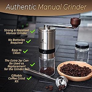 KOKAIL Manual Coffee Grinder | Hand Coffee Grinder with Crank Handle Wood Knob having 6 Adjustable Grind Settings, Includes Extra Glass Jar, Velvet Storage Bag, Spoon & Cleaning Brush