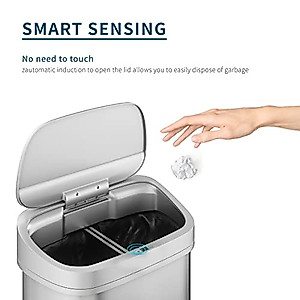 finetones 21 Gallon Trash Can, Automatic Hands-Free Stainless Steel Trash Can, Mute Metal Garbage Can with Lid, Motion Sensor Trash Can for Kitchen Office, 80 Liter, 2 Compartment Bins
