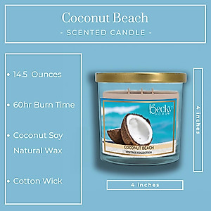Coconut Beach Scented 3-wick Candle in Glass Jar | Candles for Home | 14.5oz Rustic Home Decor Novelty Candle | 60 Hour Burn Time Candle