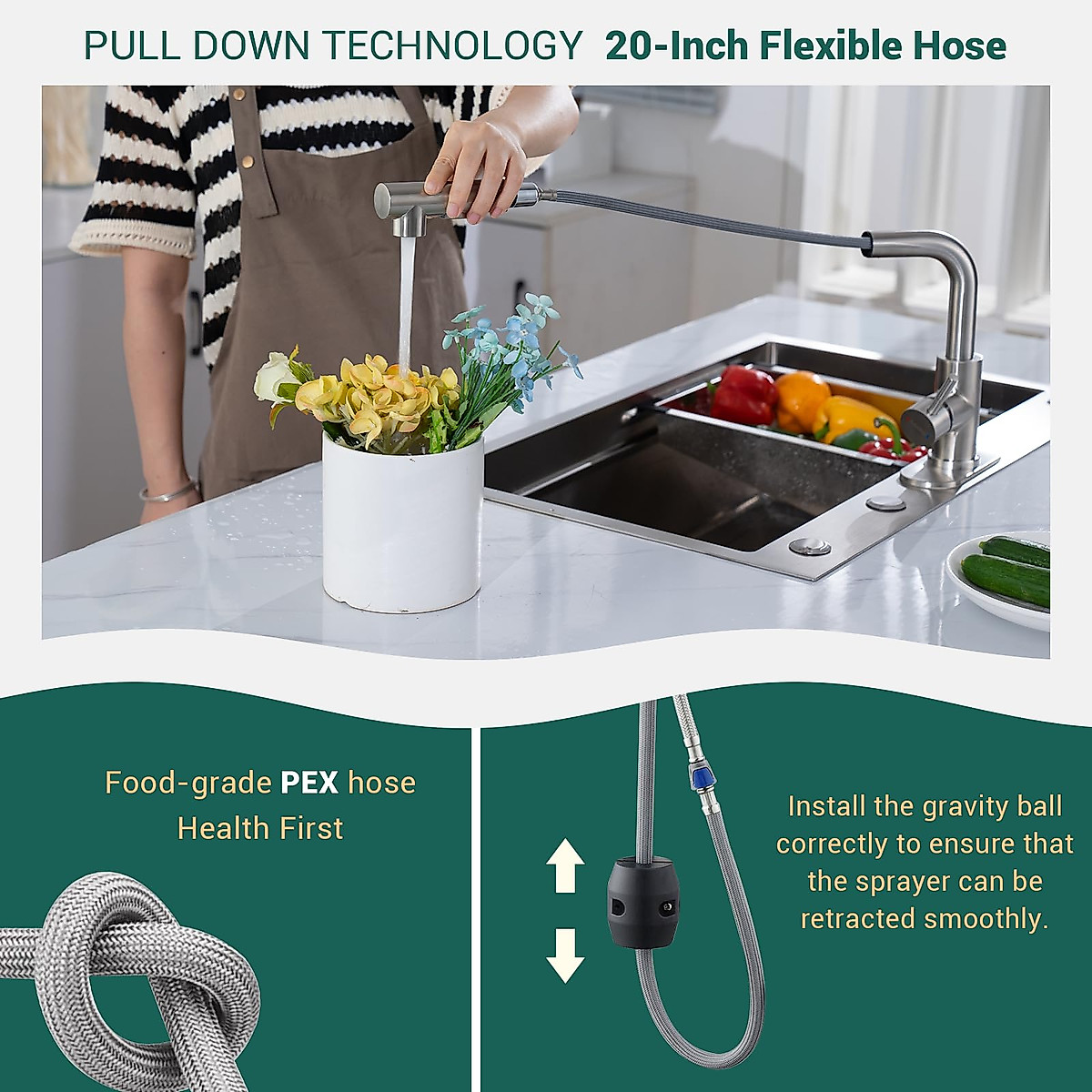 APPASO Bar Sink Faucet 8 INCH, Brushed Nickel Kitchen Faucet with Pull-Out Sprayer Stainless Steel, Modern Single Handle Bathroom Utility Faucet, Pull Down Small Faucet for RV Camper Outdoor Restroom